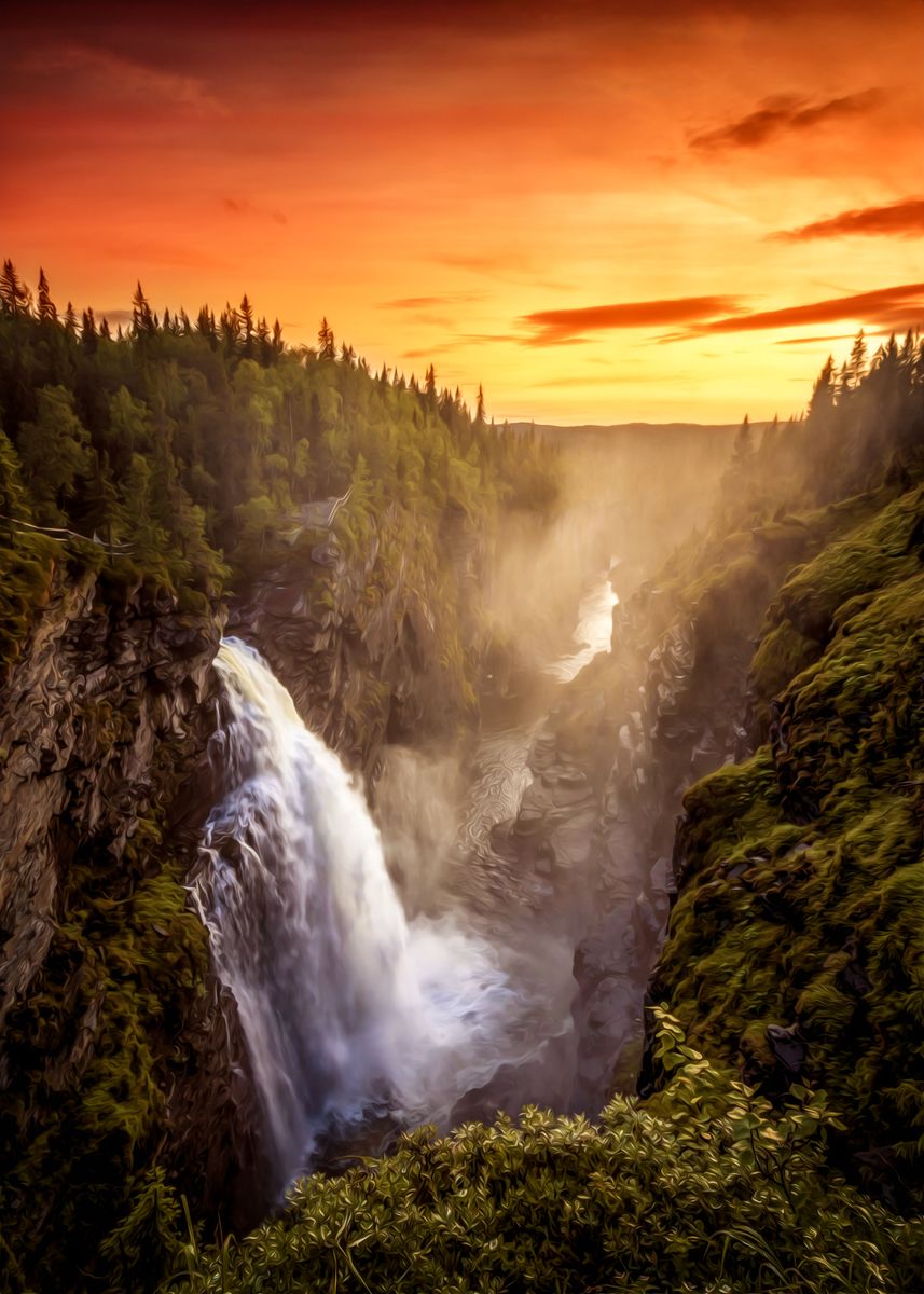 'Sunset Waterfall' Poster, picture, metal print, paint by George Sorin ...