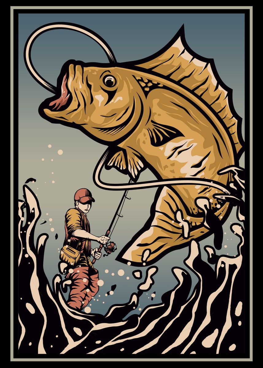 'Retro Fishing Fisherman' Poster, picture, metal print, paint by ...