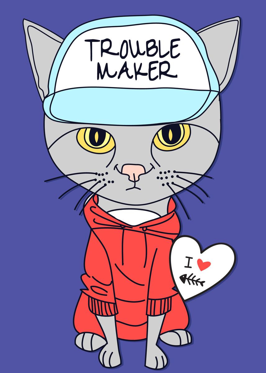 'trouble maker cat' Poster, picture, metal print, paint by bi bo | Displate