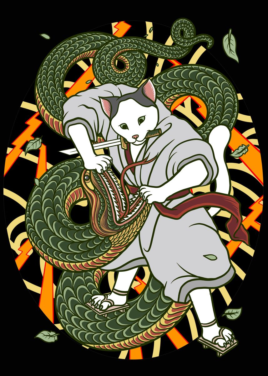'Samurai cat vs Snake' Poster, picture, metal print, paint by taofik ...