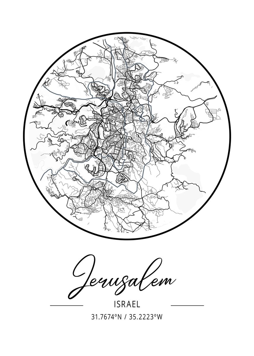 'Jerusalem City Map Israel' Poster, picture, metal print, paint by Max ...
