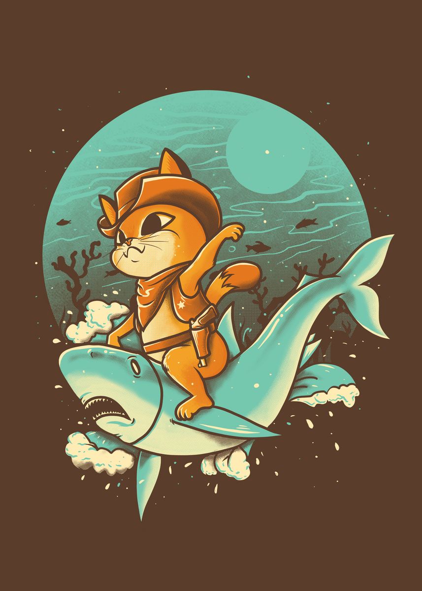 'cats ride Shark Rodeo' Poster, picture, metal print, paint by taofik ...