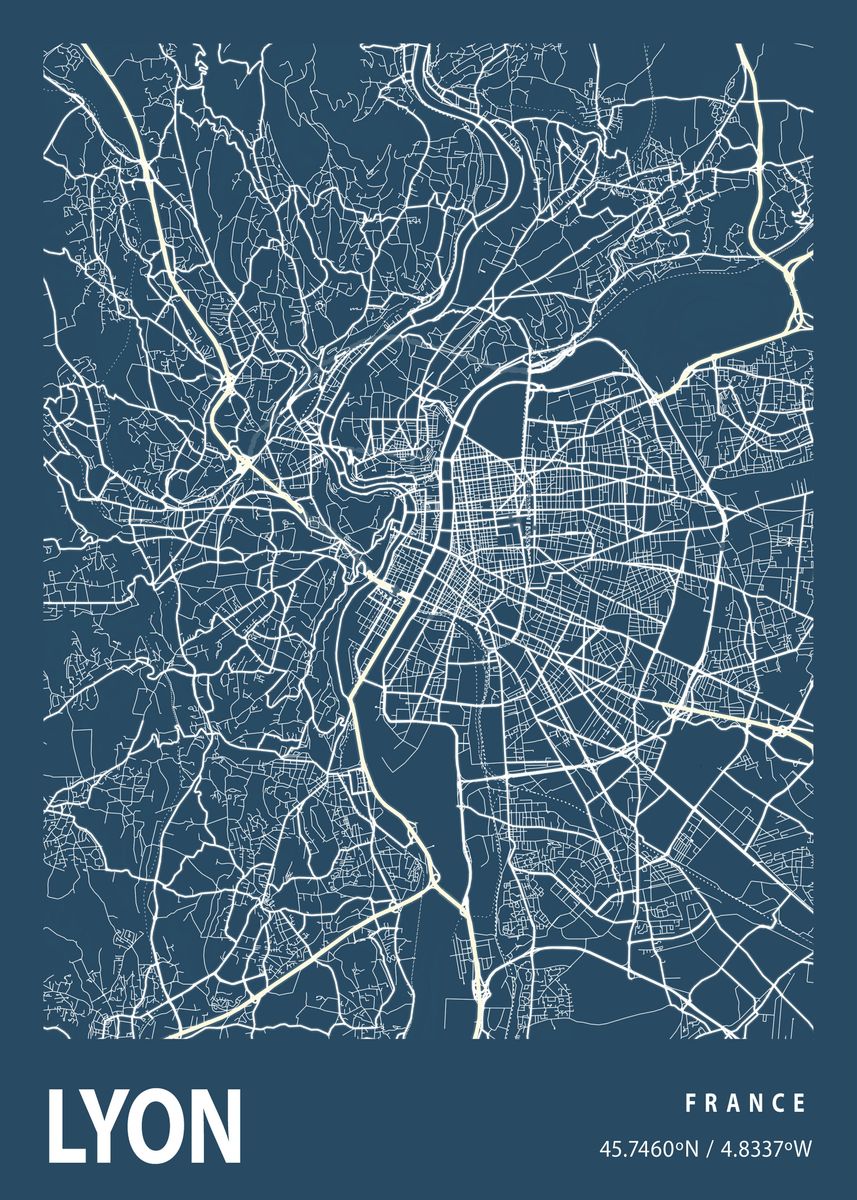 'Lyon City Map France' Poster, picture, metal print, paint by Max Ronn ...
