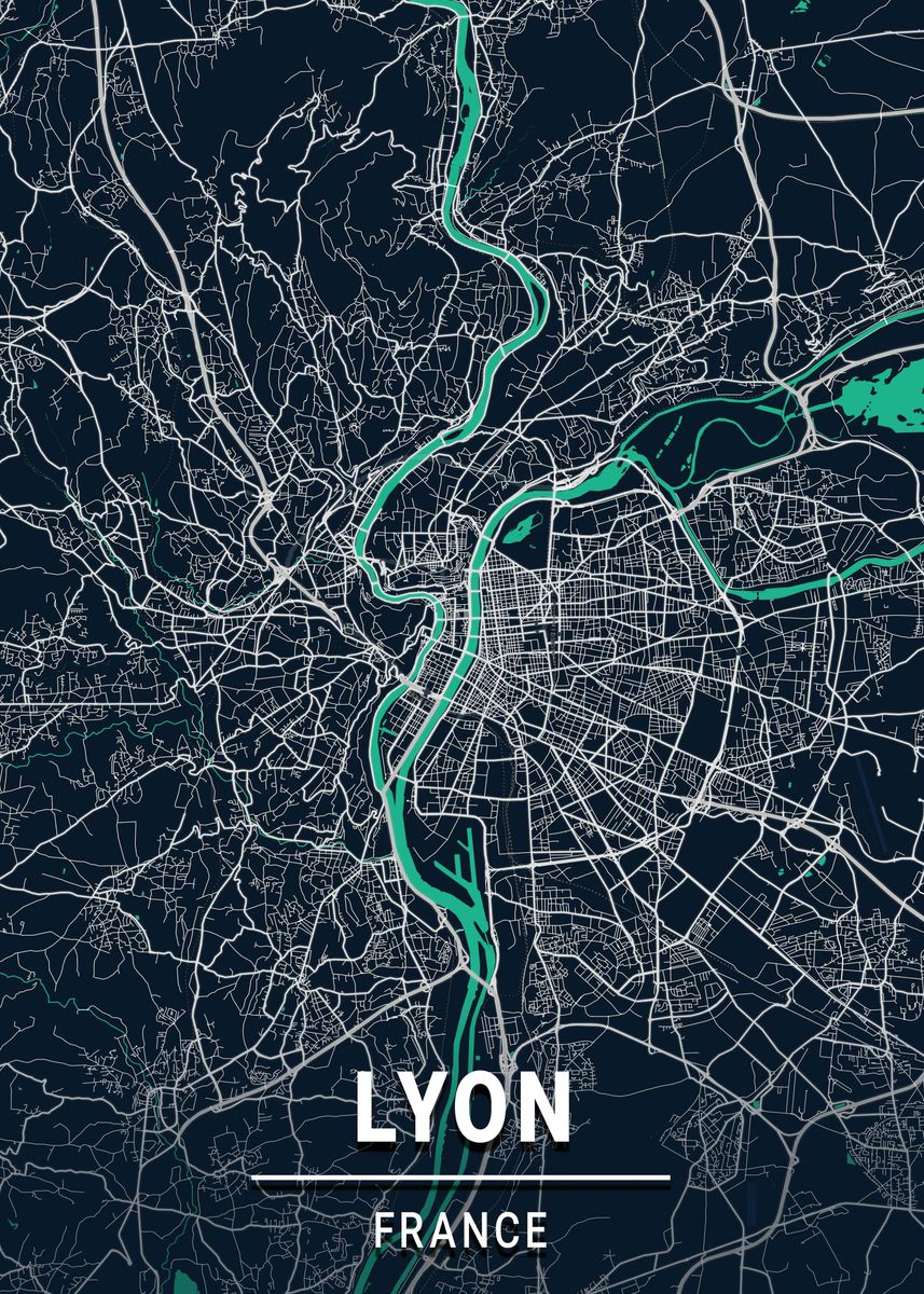 'Lyon City Map France' Poster, picture, metal print, paint by Max Ronn ...