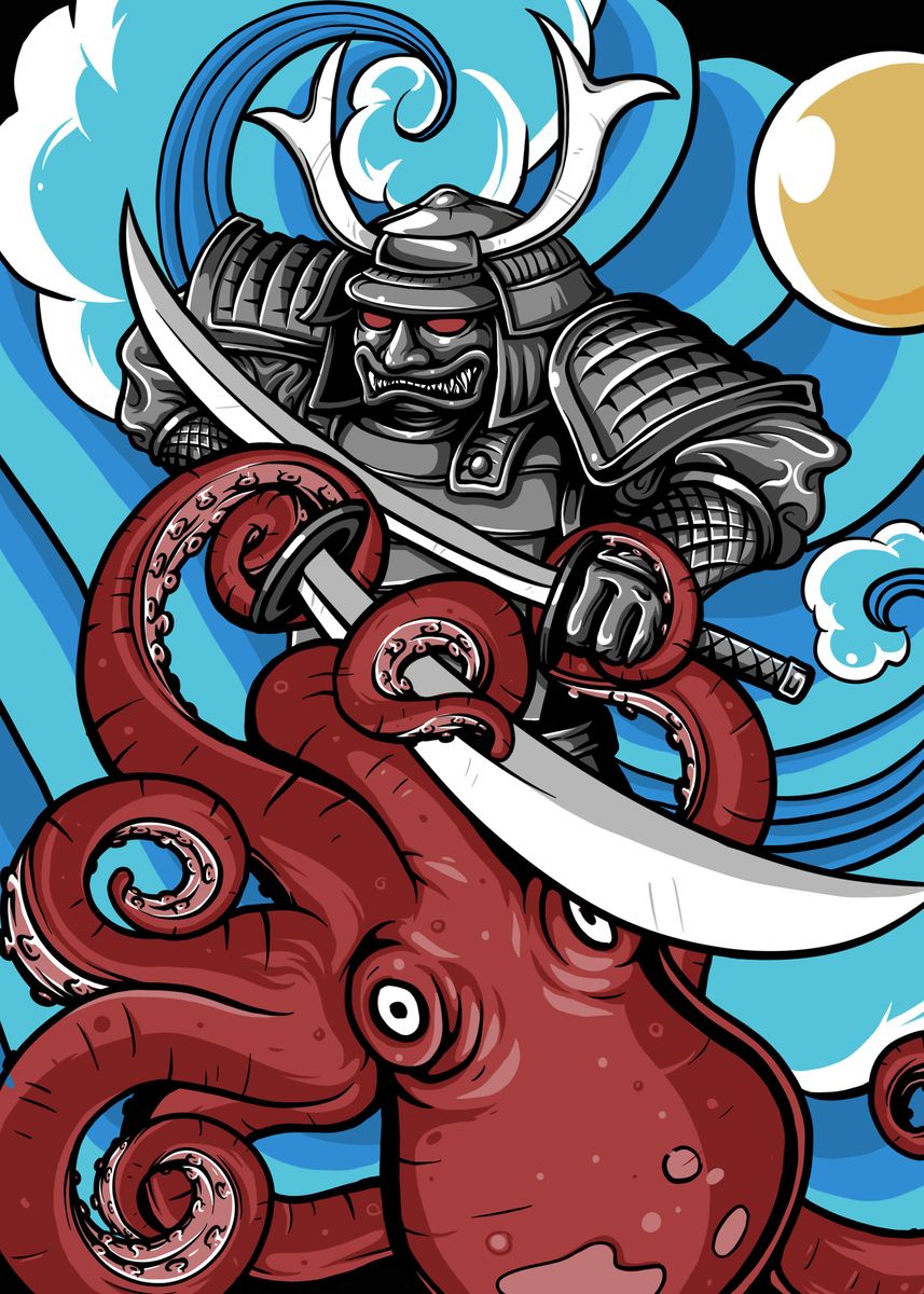 'Samurai vs Octopus' Poster, picture, metal print, paint by taofik ...