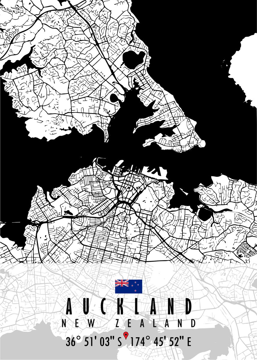 'Auckland Map New Zealand' Poster, picture, metal print, paint by ...