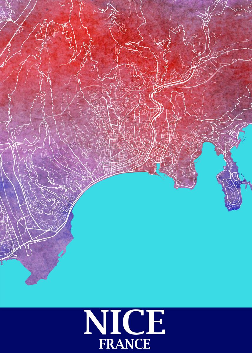 'Nice France city map' Poster, picture, metal print, paint by Tim Hinz ...