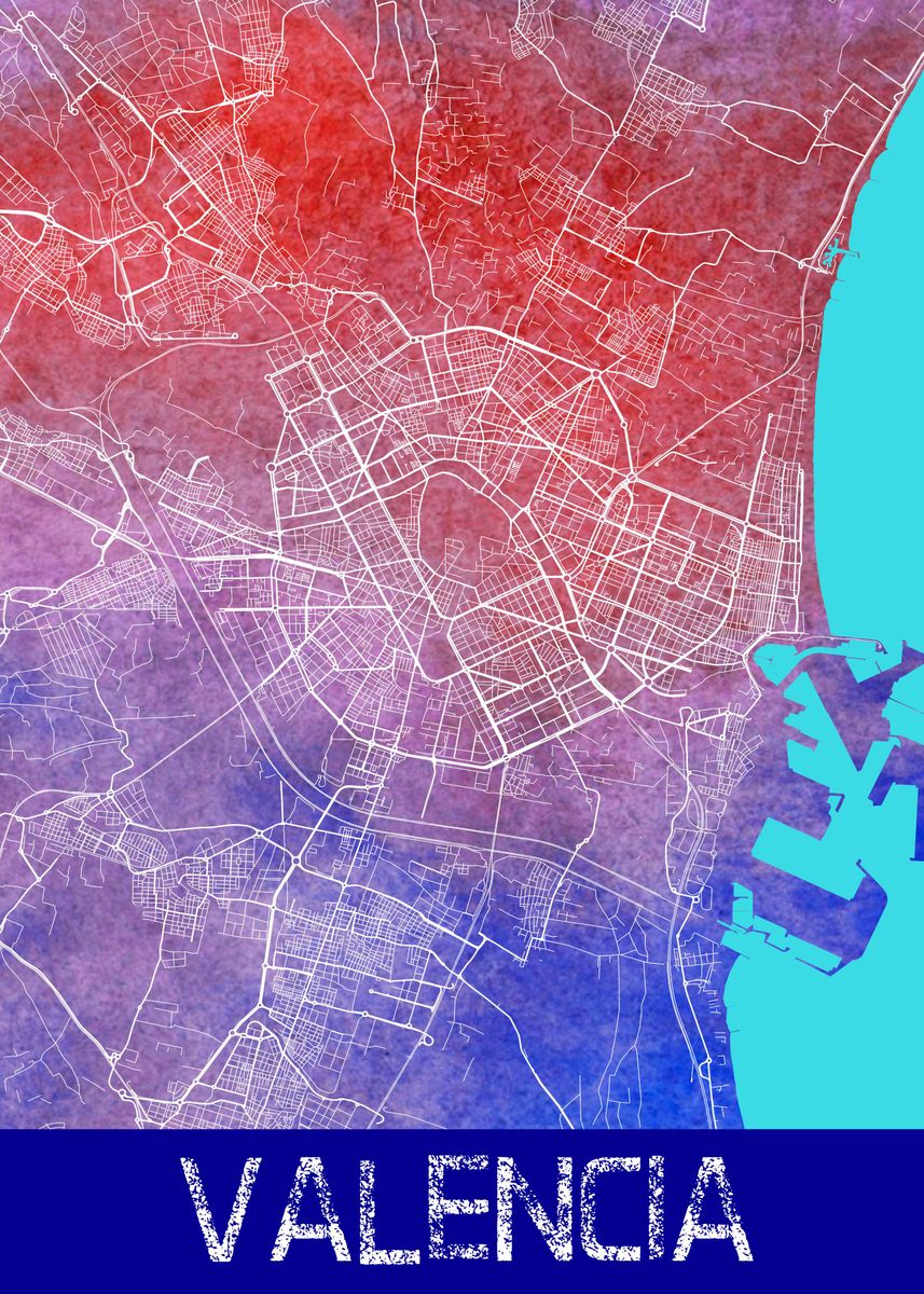 'Valencia Spain Map City' Poster, picture, metal print, paint by Tim ...