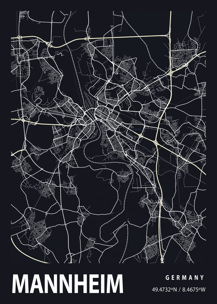'Mannheim City Map Germany' Poster, picture, metal print, paint by Max ...