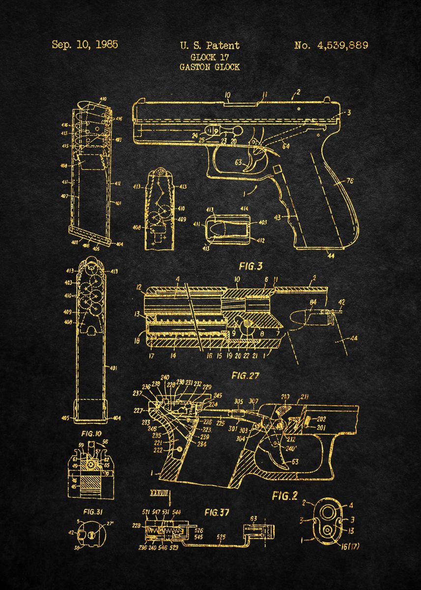 '14 Glock 17 1985 Patent' Poster, picture, metal print, paint by Yuliya ...