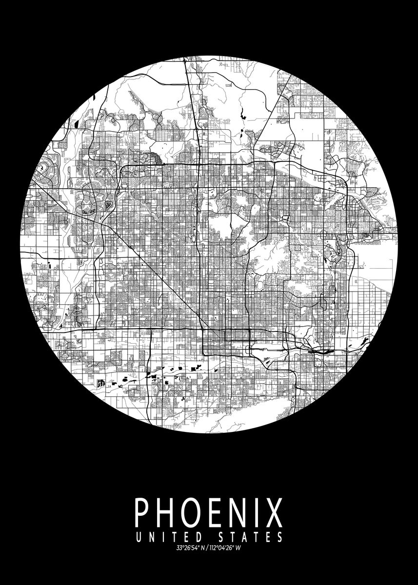 'Phoenix City Map Full Moon' Poster, picture, metal print, paint by ...