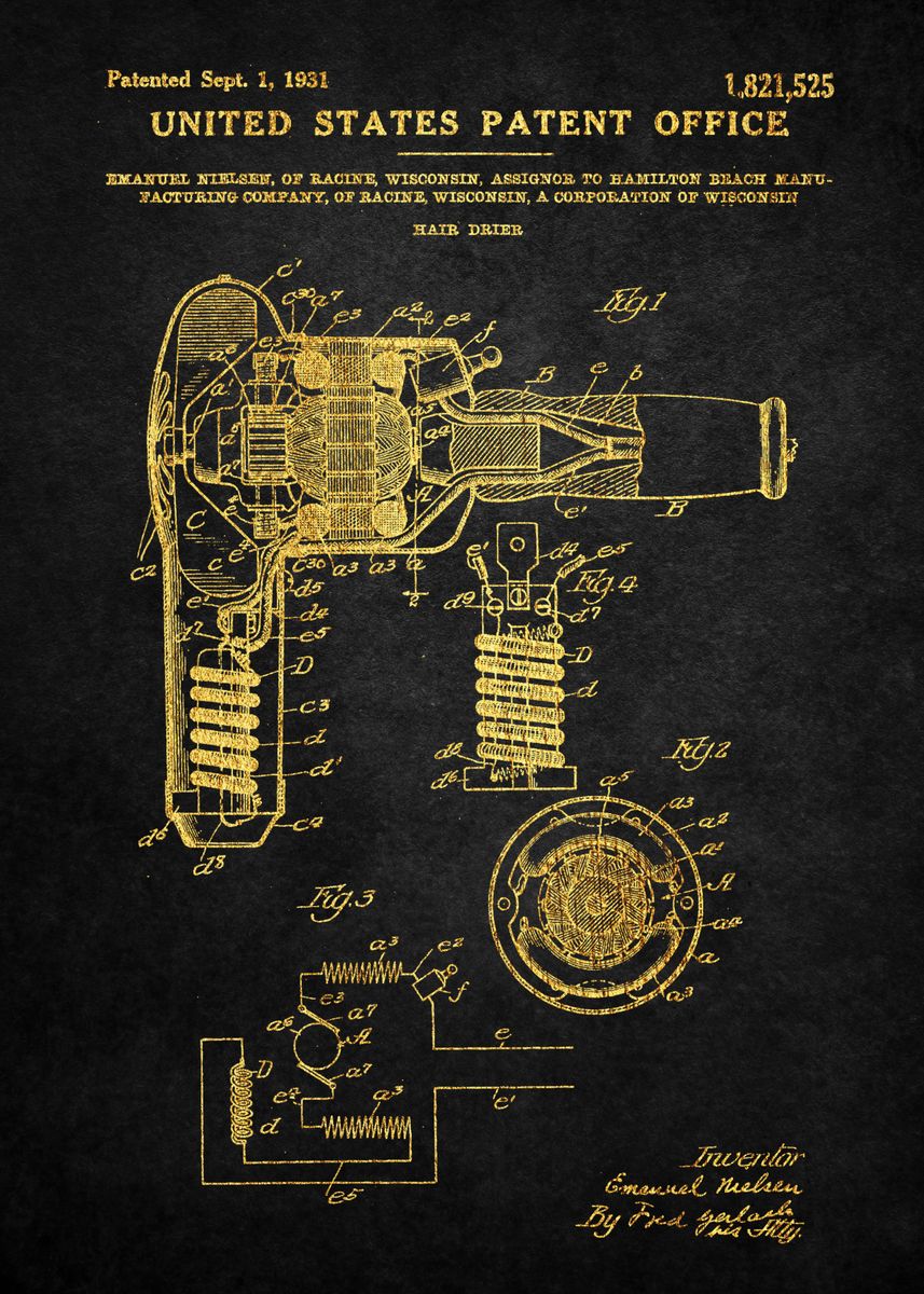 '3 Hair Dryer Patent 19313' Poster, picture, metal print, paint by Roy ...