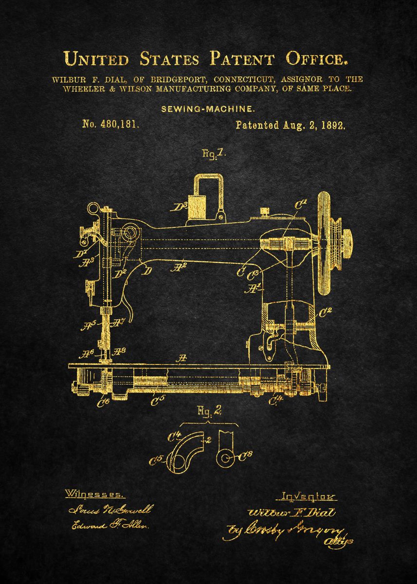 '2 Sewing Machine Patent' Poster, picture, metal print, paint by Roy ...