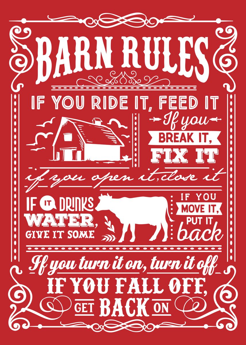 'Barn Rules White Red' Poster, picture, metal print, paint by ...