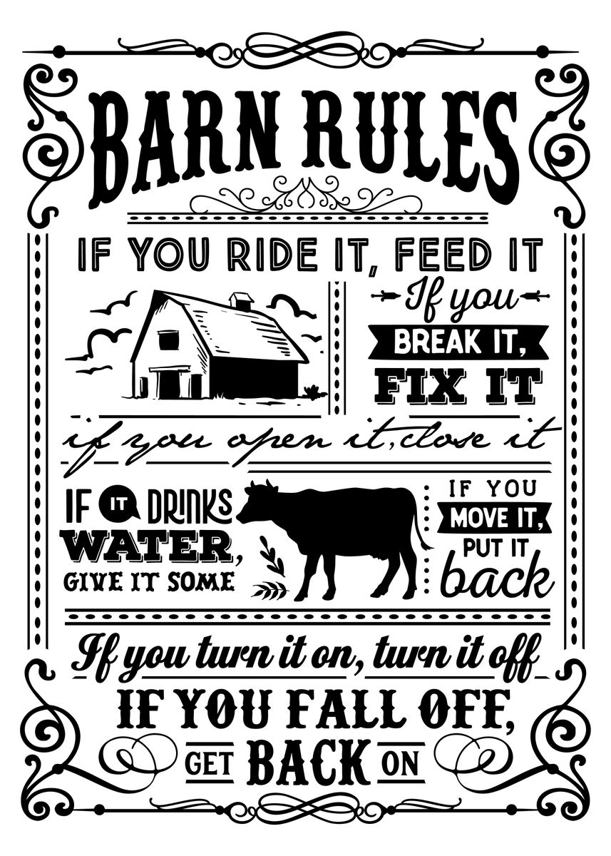 'Barn Rules White Black' Poster, picture, metal print, paint by ...