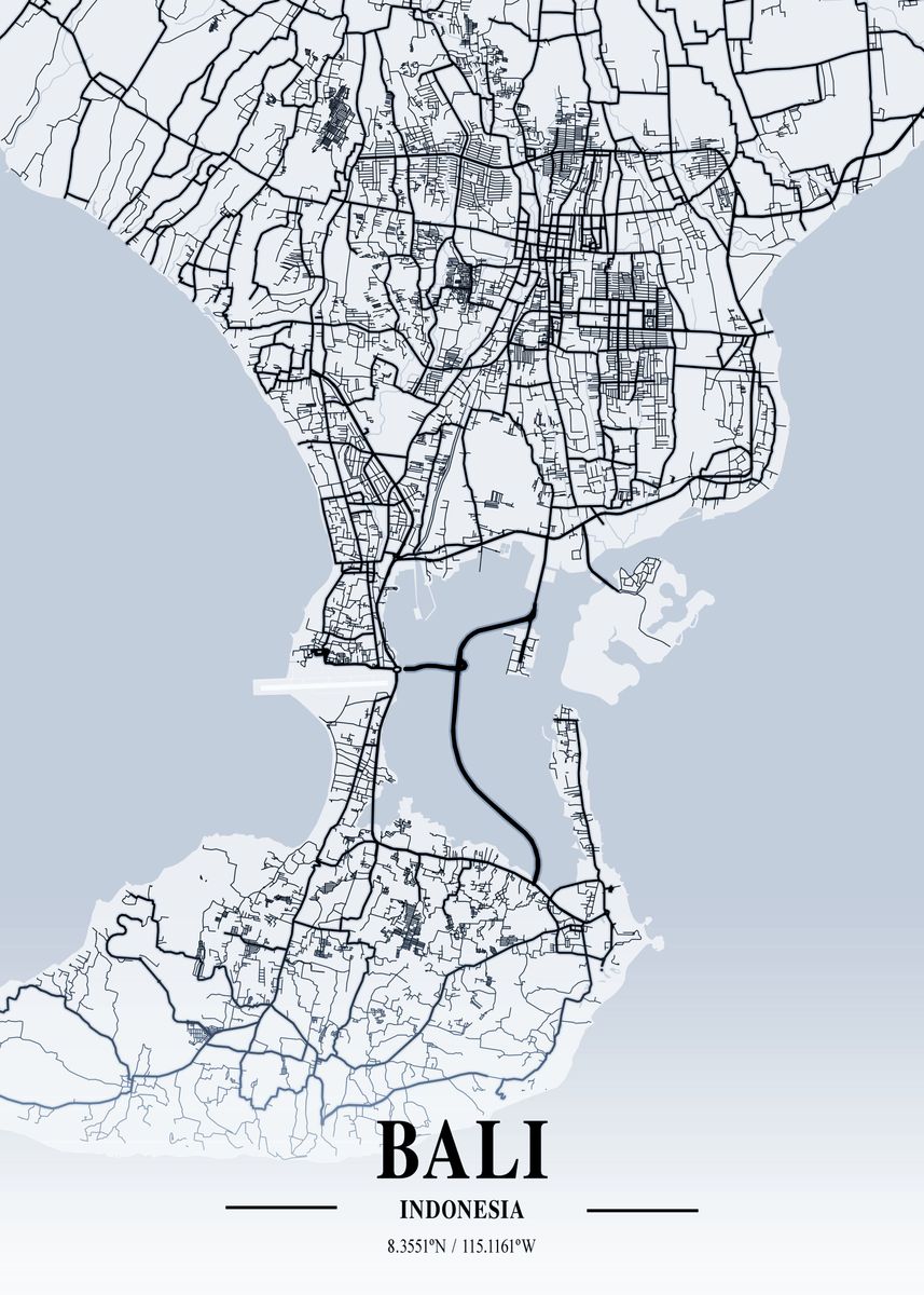 'Bali City Map Indonesia' Poster, picture, metal print, paint by Max ...