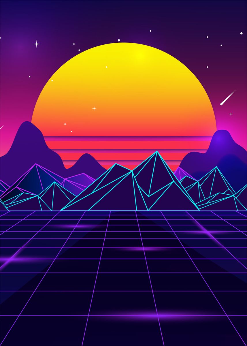 'Glowing Sunset Synthwave' Poster, picture, metal print, paint by EDM Project | Displate