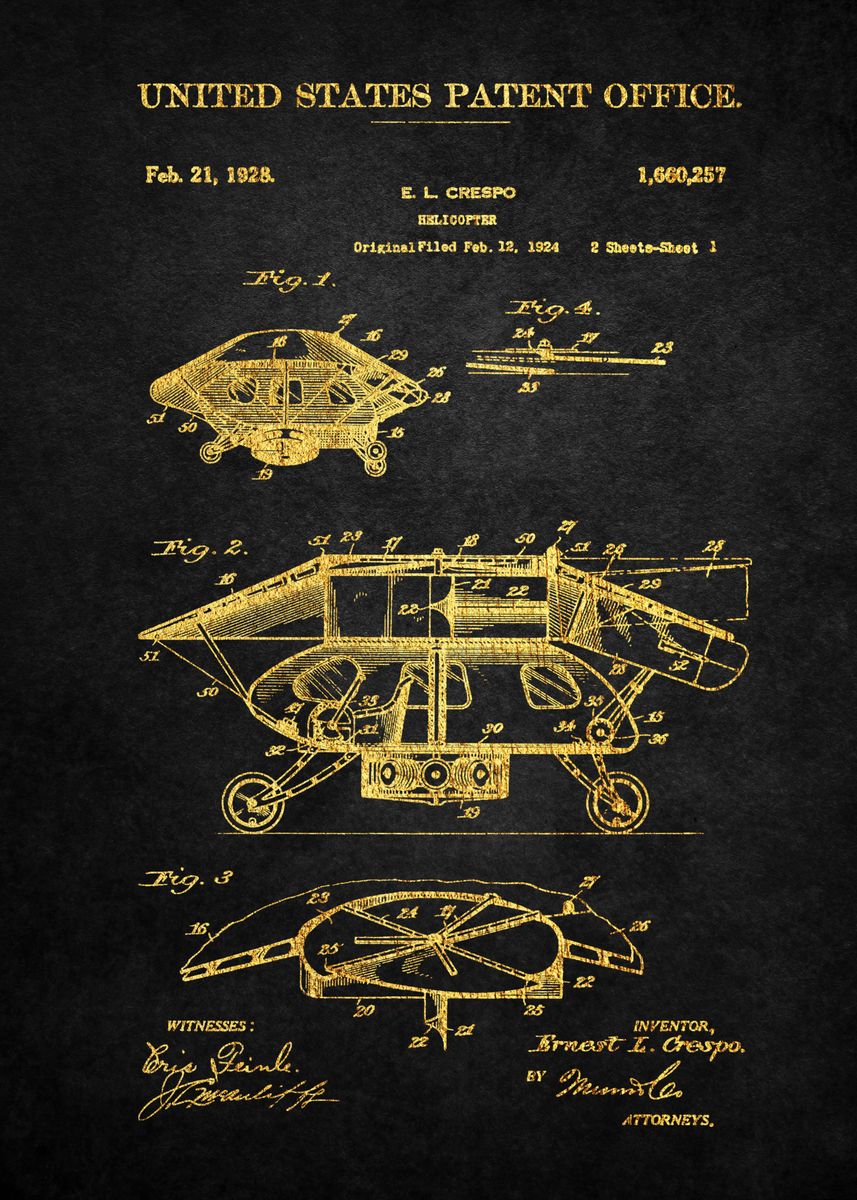 '21 1928 Helicopter Patent' Poster, picture, metal print, paint by ...