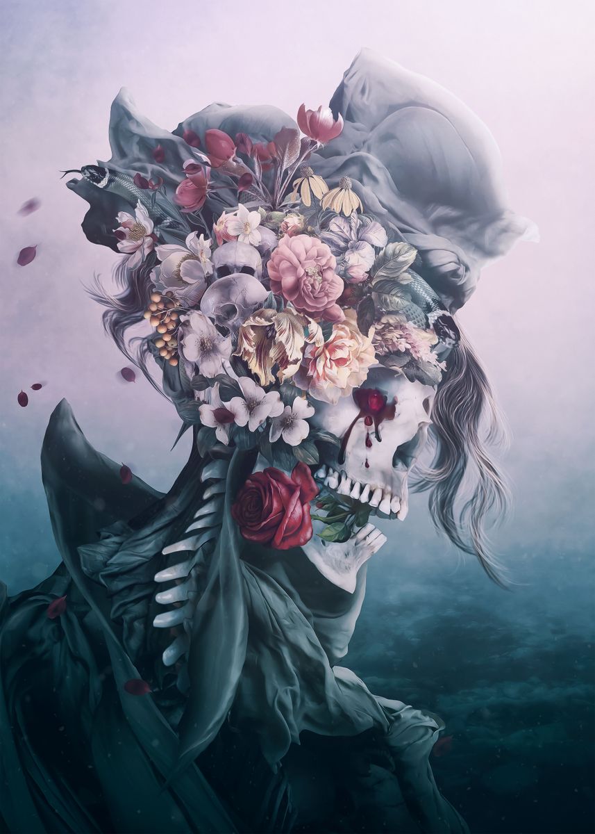 'Surreal Skull on Blue' Poster, picture, metal print, paint by RIZA ...