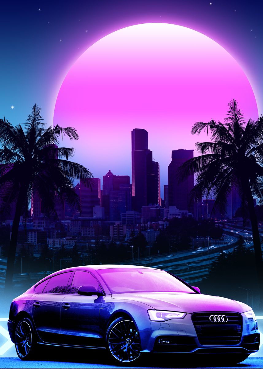 'sunset car synthwave' Poster, picture, metal print, paint by INSPIRE ...