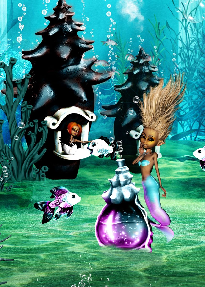 'Playing mermaids' Poster, picture, metal print, paint by Heike Köhnen ...