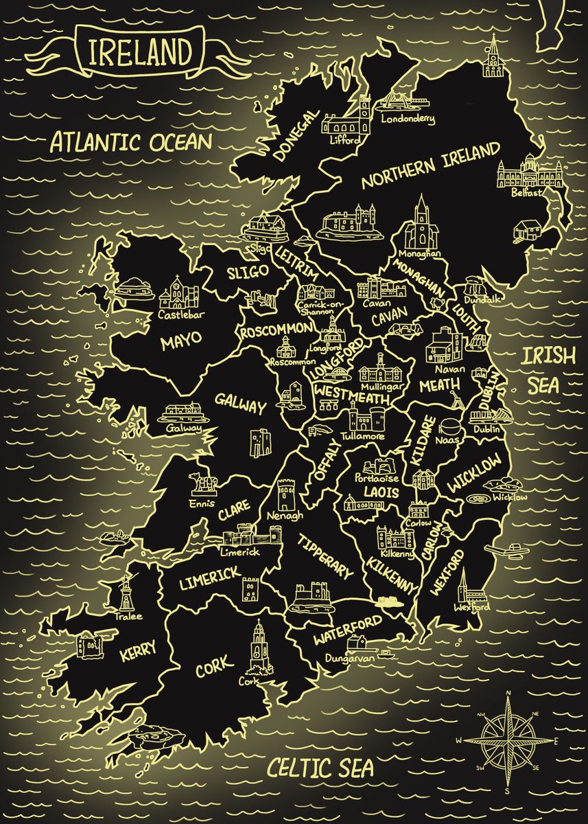 'Glowing Map of Ireland' Poster, picture, metal print, paint by ...
