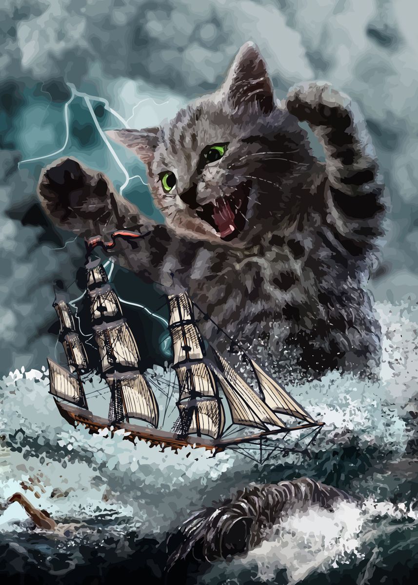 'Monster Titan Cat Kraken' Poster, picture, metal print, paint by ...