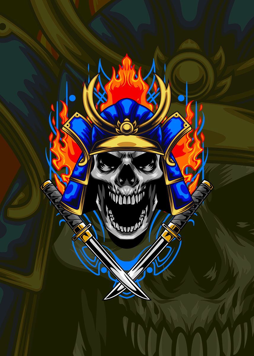 'Fire Samurai Skull 01' Poster by Iqbal harris | Displate