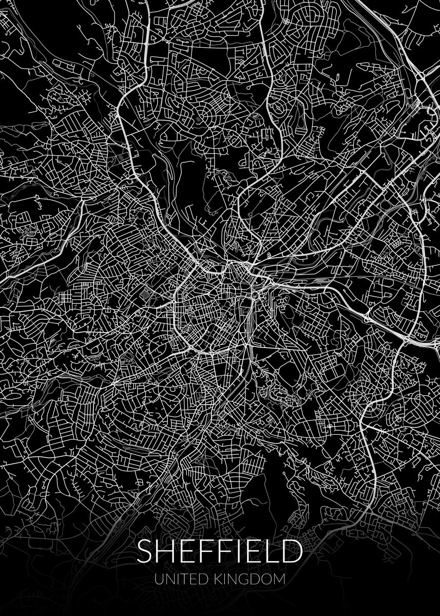 'Sheffield Map Black UK' Poster, picture, metal print, paint by ...