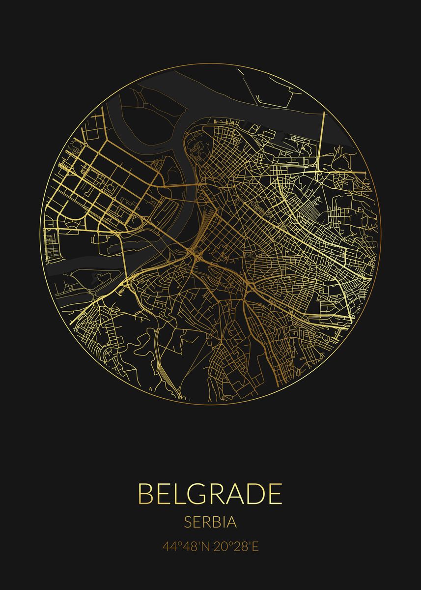 'Belgrade Black Gold Map' Poster, picture, metal print, paint by ...