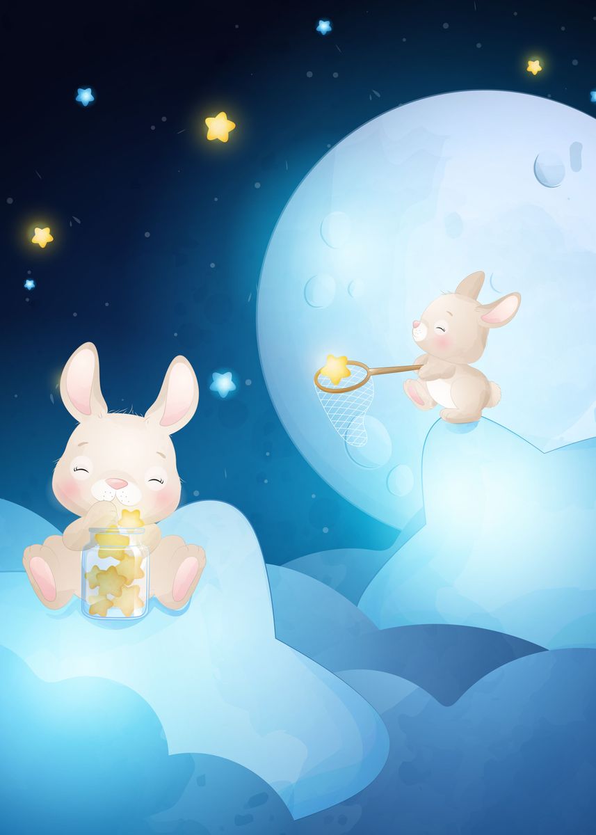 'cute bunnys moon and stars' Poster by Michael Landsberger | Displate