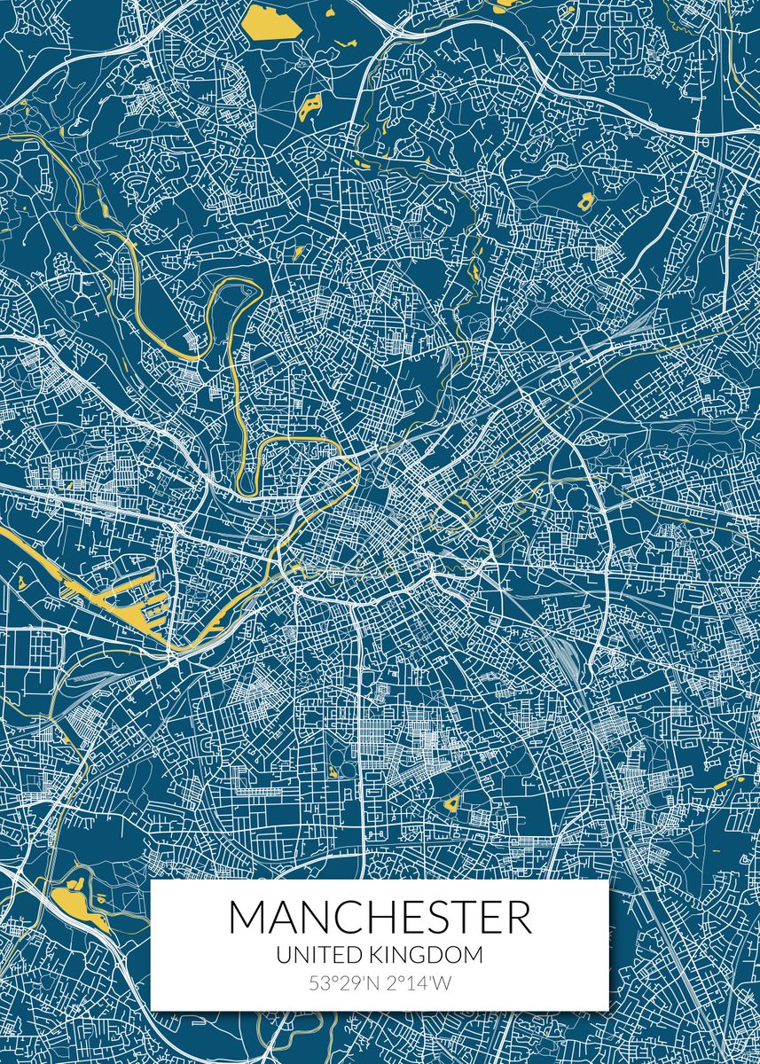 'Manchester Map Blue White' Poster, picture, metal print, paint by ...