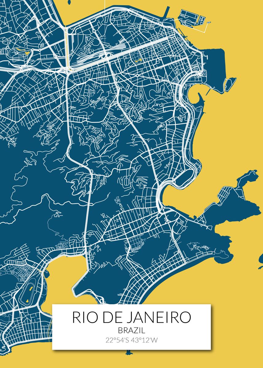 'Rio de Janeiro Map Blue' Poster, picture, metal print, paint by ...