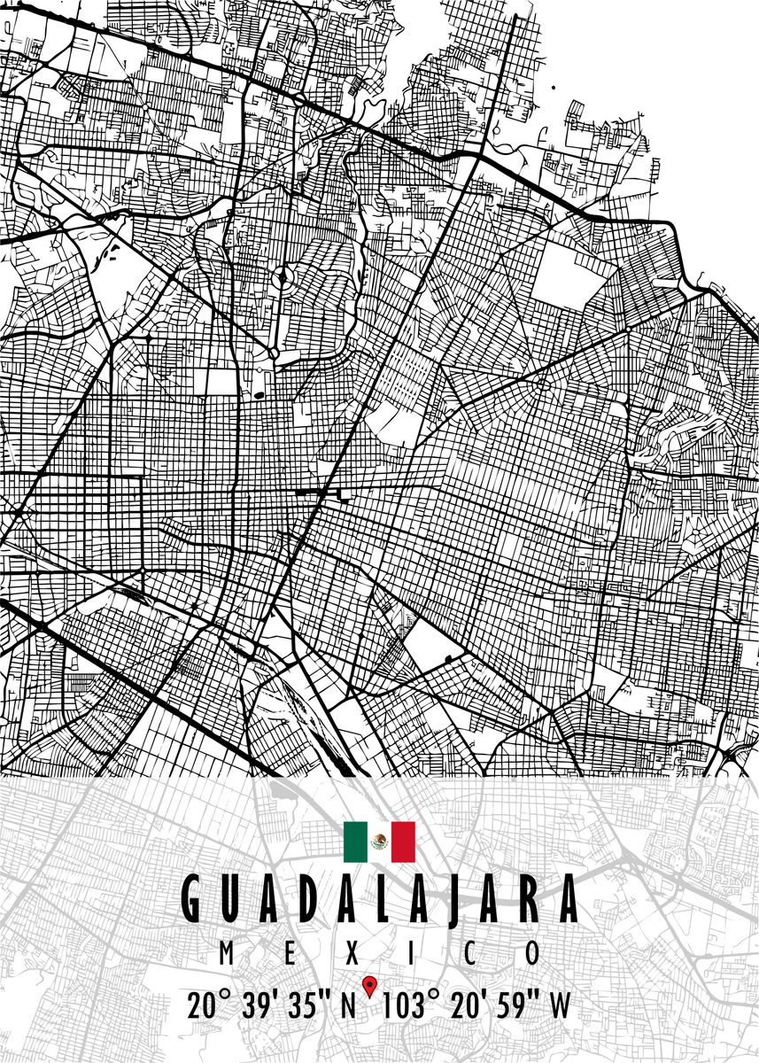 'GUADALAJARA MAP MEXICO' Poster, picture, metal print, paint by ...