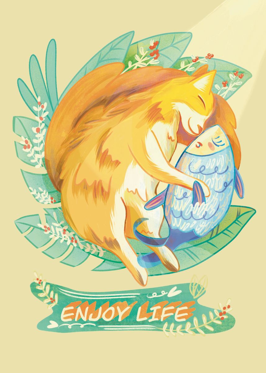 'Cat and Fish Happy Couple ' Poster, picture, metal print, paint by ...