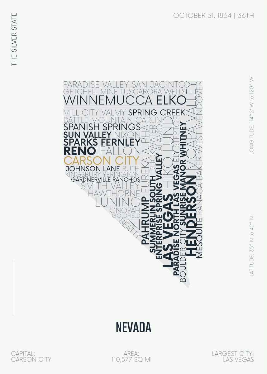 'nevada USA map letters' Poster, picture, metal print, paint by ...