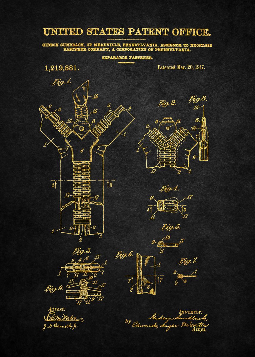 '40 Zipper Patent Patent' Poster by Roy Davis | Displate