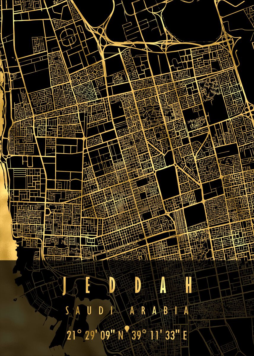'JEDDAH MAP SAUDI ARABIA' Poster, picture, metal print, paint by ...