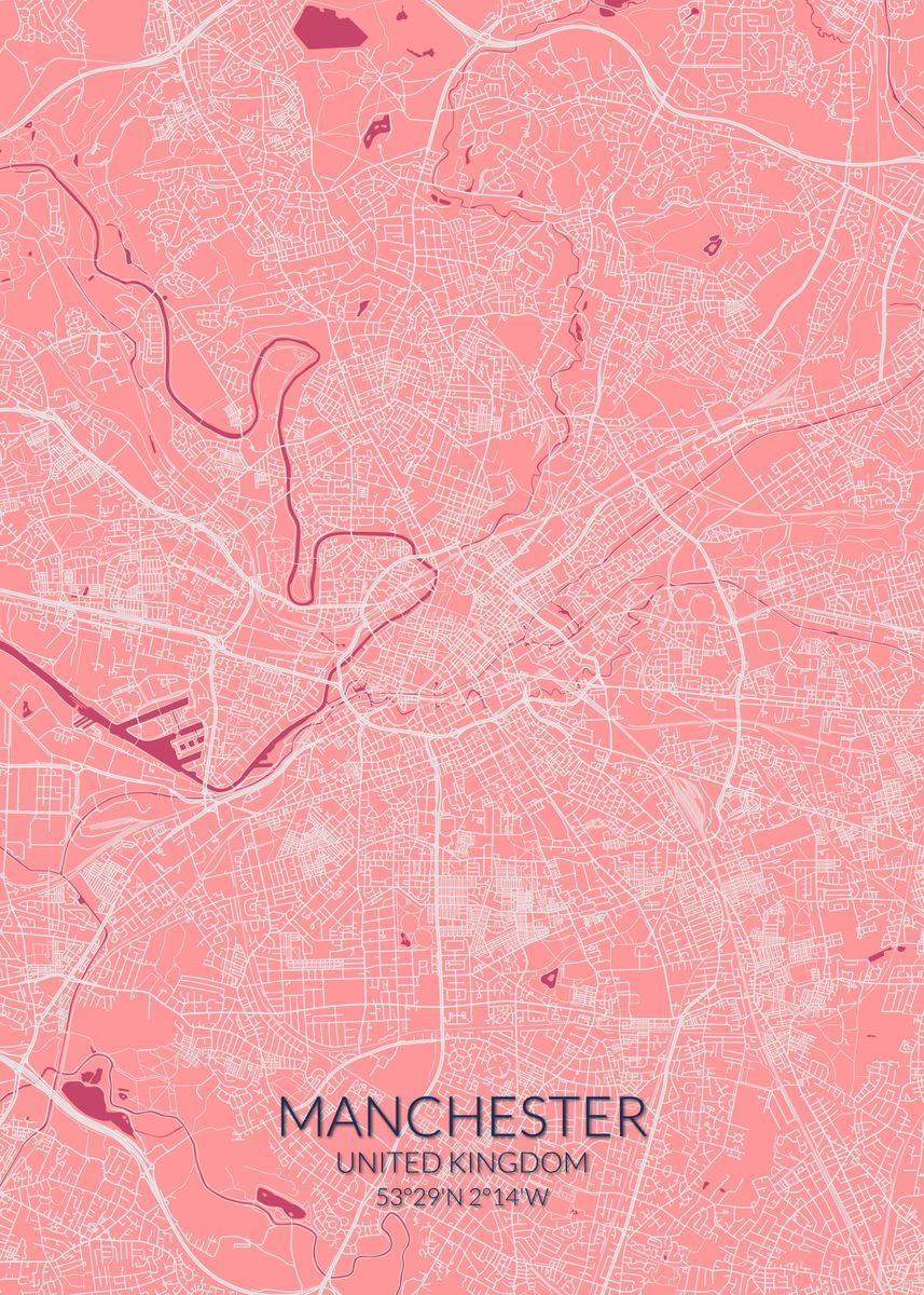 'Manchester Pink Rose Map' Poster, picture, metal print, paint by ...
