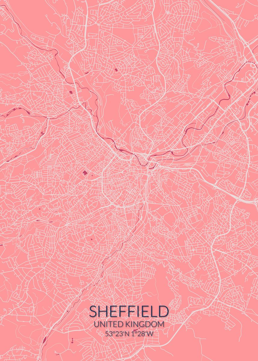 'Sheffield Pink Rose Map' Poster, picture, metal print, paint by ...