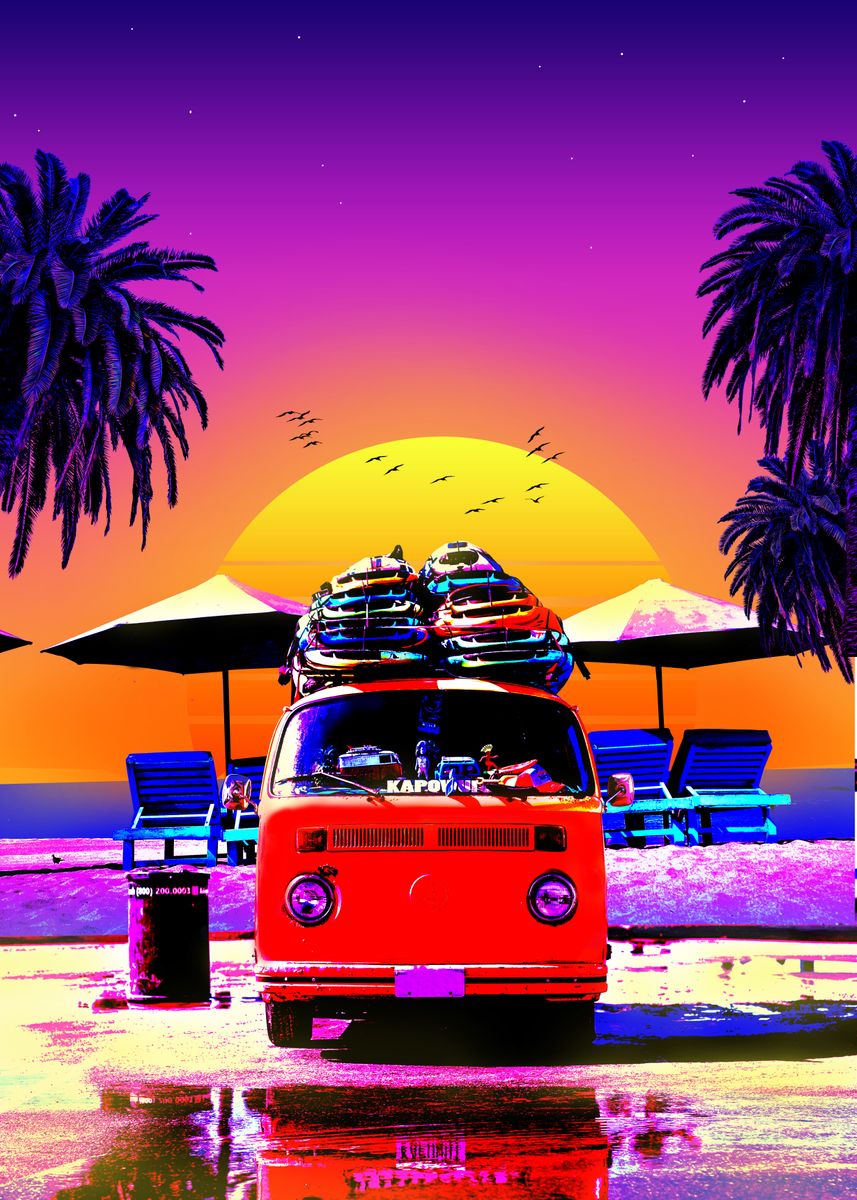 'synthwave summer holiday' Poster, picture, metal print, paint by ...