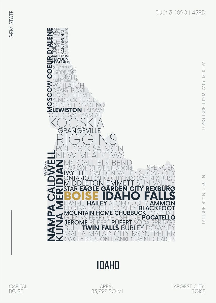 'idaho USA text map' Poster, picture, metal print, paint by Designersen ...