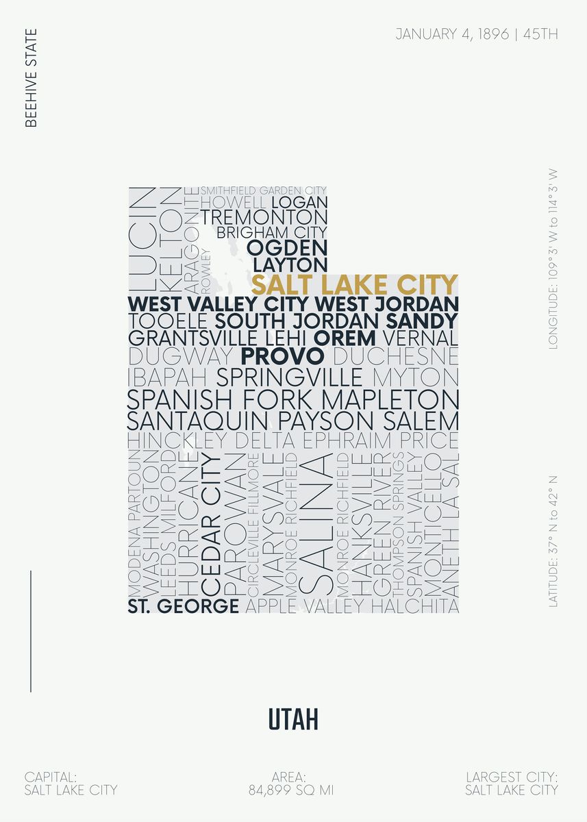 'Utah USA text map' Poster, picture, metal print, paint by Designersen ...