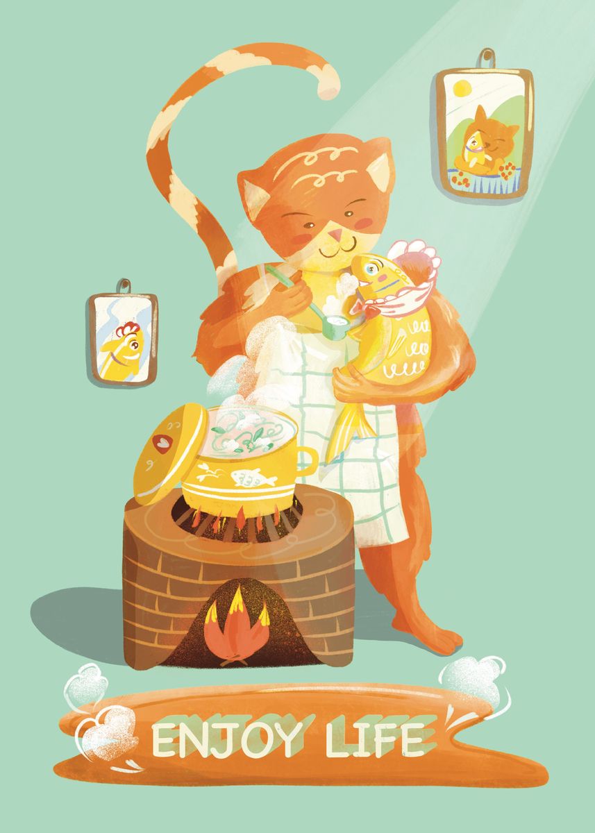 'Cat Cooks for Baby ' Poster, picture, metal print, paint by Emily H ...