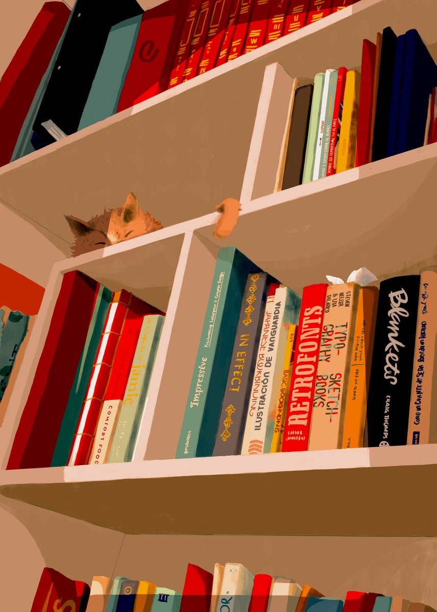 'Cat sleeping in library' Poster, picture, metal print, paint by ...