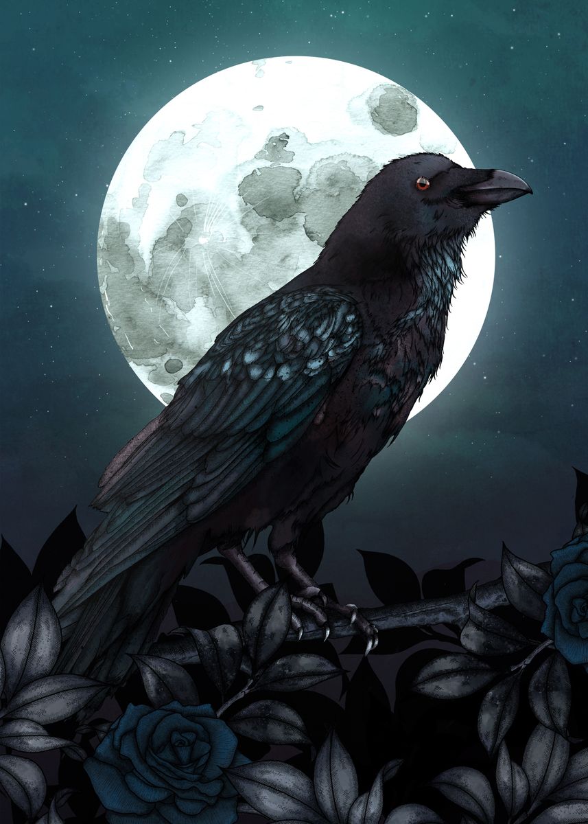 'Raven and Full Moon' Poster, picture, metal print, paint by Elyssa ...