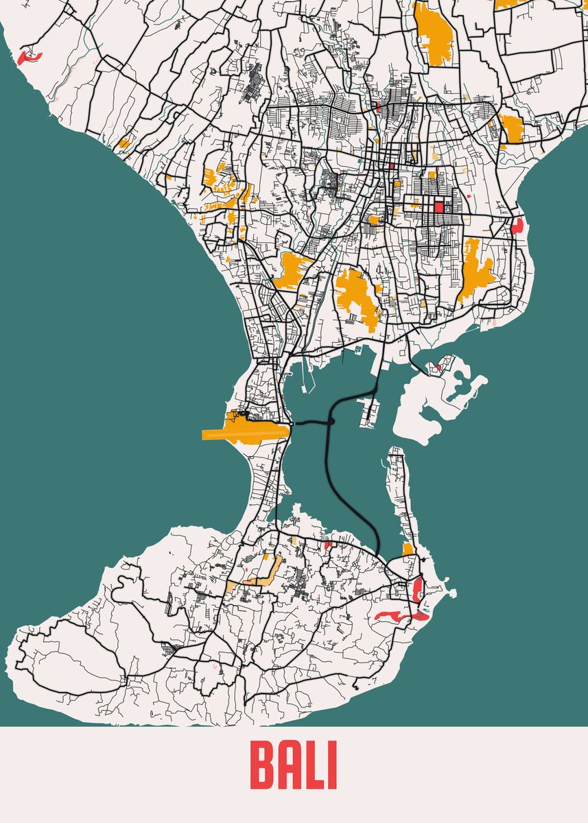 'Bali city Map Indonesia' Poster, picture, metal print, paint by Max ...