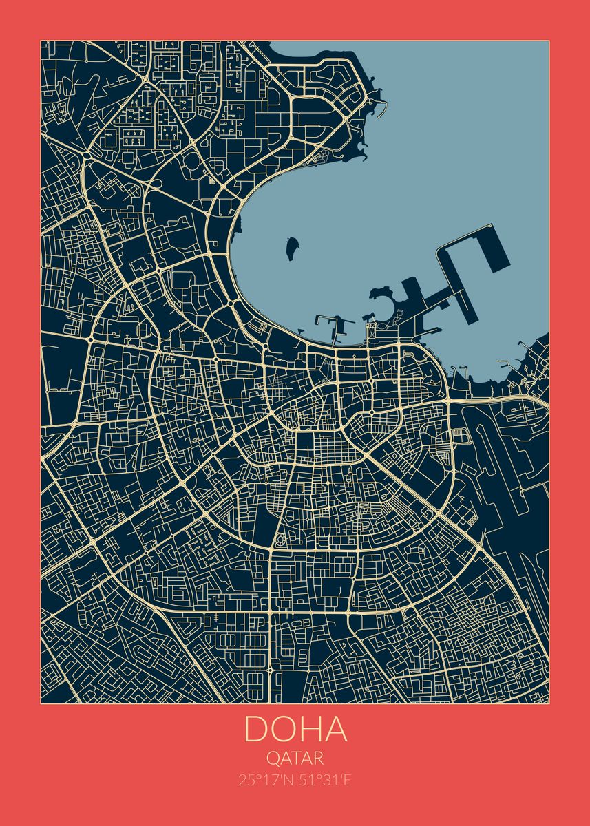 'Doha Map Red Blue' Poster, picture, metal print, paint by dkDesign ...