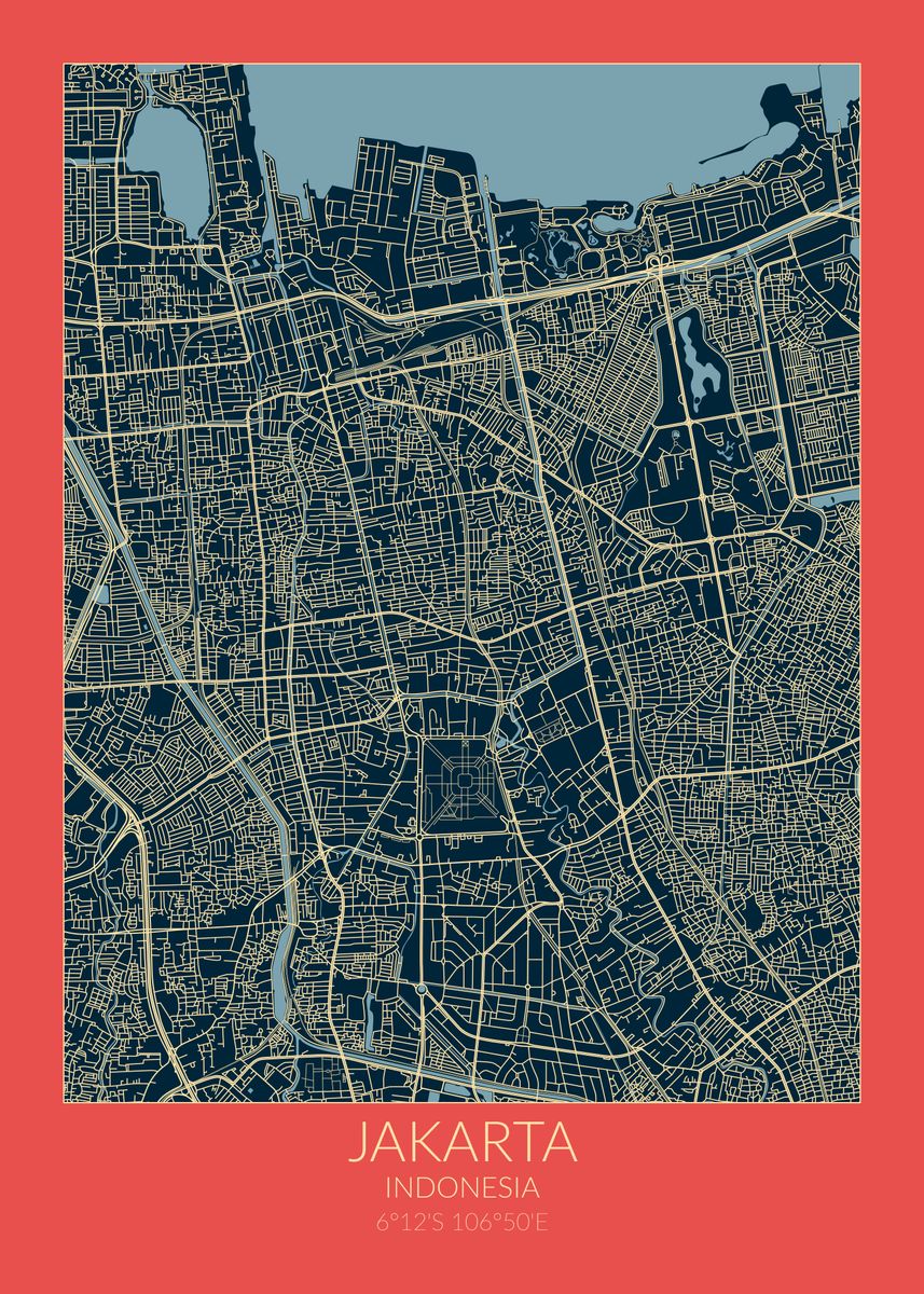 'Jakarta Map Red Blue' Poster, picture, metal print, paint by dkDesign ...