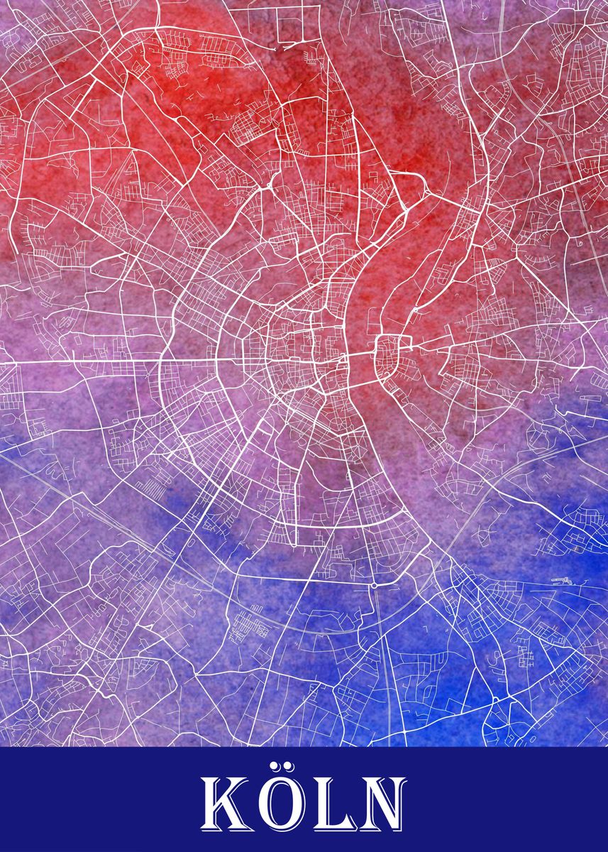 'Koeln Cologne City Map ' Poster, picture, metal print, paint by Max ...